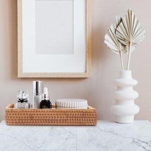 Rattan Bathroom Vanity Trays Toilet Tank Baskets Long Narrow Hand Towel Storage Basket for Storage, Decorative (Natural 10.2 x 4.9 x 1.8 inch)