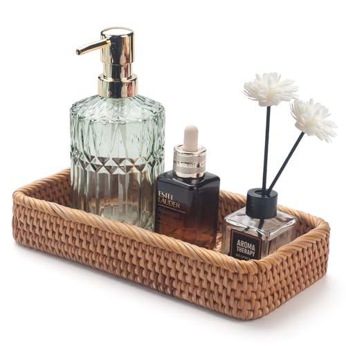 Rattan Bathroom Vanity Trays Toilet Tank Baskets Long Narrow Hand Towel Storage Basket for Storage, Decorative (Natural 10.2 x 4.9 x 1.8 inch)