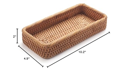 Rattan Bathroom Vanity Trays Toilet Tank Baskets Long Narrow Hand Towel Storage Basket for Storage, Decorative (Natural 10.2 x 4.9 x 1.8 inch)