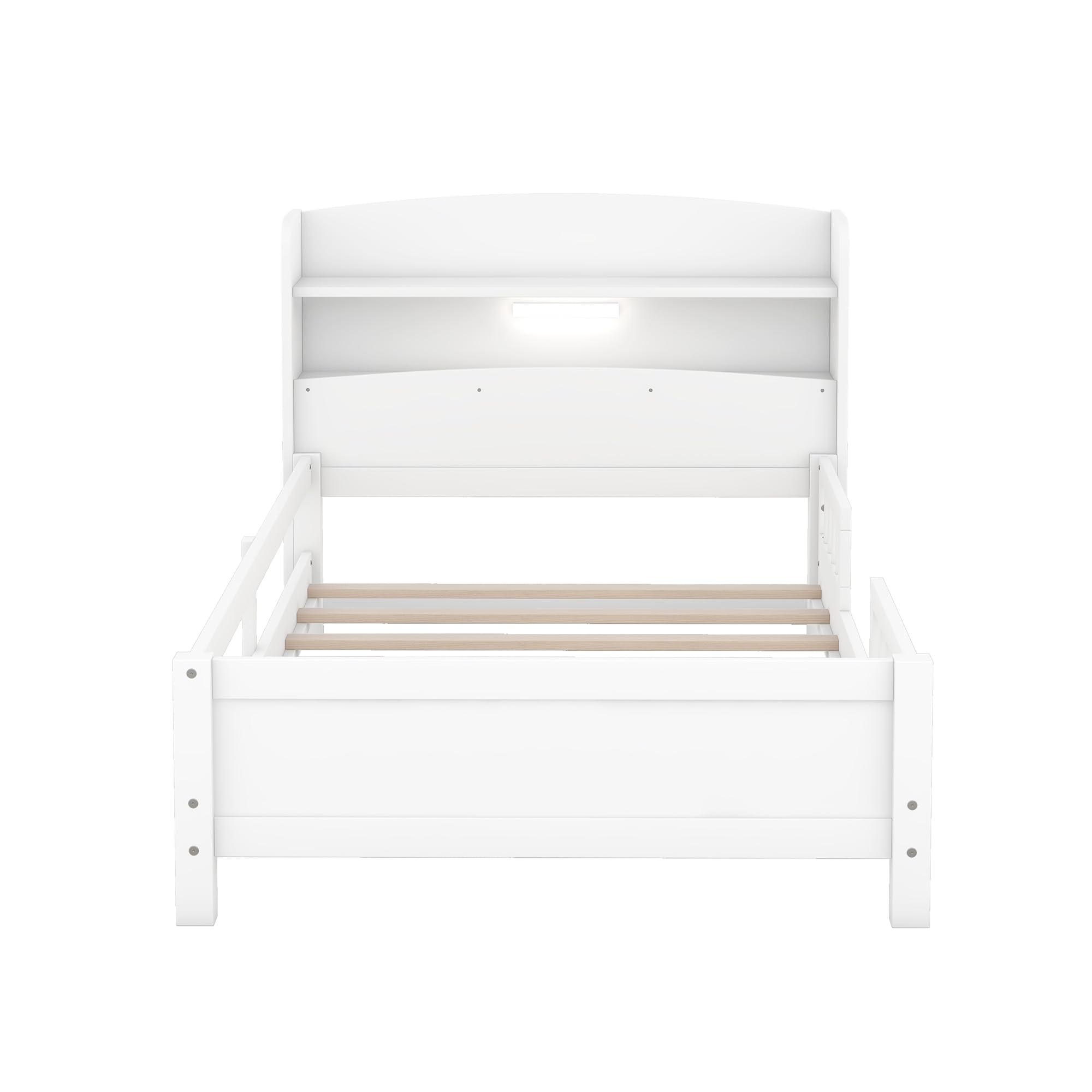 Harper & Bright Designs Kids Twin Bed with Storage Headboard and Guardrail, Wood Twin Platform Bed Frame with Built-in LED Light, for Girls Boys (Twin Size, White)