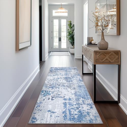 Mecko Modern Abstract Area Rug-2'6" x 8' Long Hallway Runner Rug Soft Washable Non-Slip Contemporary Entryway Mat, Accent Throw Rug for Living Room Bedroom(Blue,2'6" x 8')