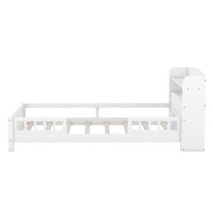 Harper & Bright Designs Kids Twin Bed with Storage Headboard and Guardrail, Wood Twin Platform Bed Frame with Built-in LED Light, for Girls Boys (Twin Size, White)