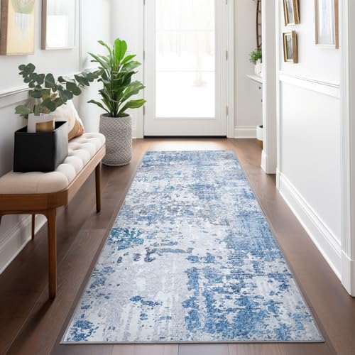 Mecko Modern Abstract Area Rug-2'6" x 8' Long Hallway Runner Rug Soft Washable Non-Slip Contemporary Entryway Mat, Accent Throw Rug for Living Room Bedroom(Blue,2'6" x 8')