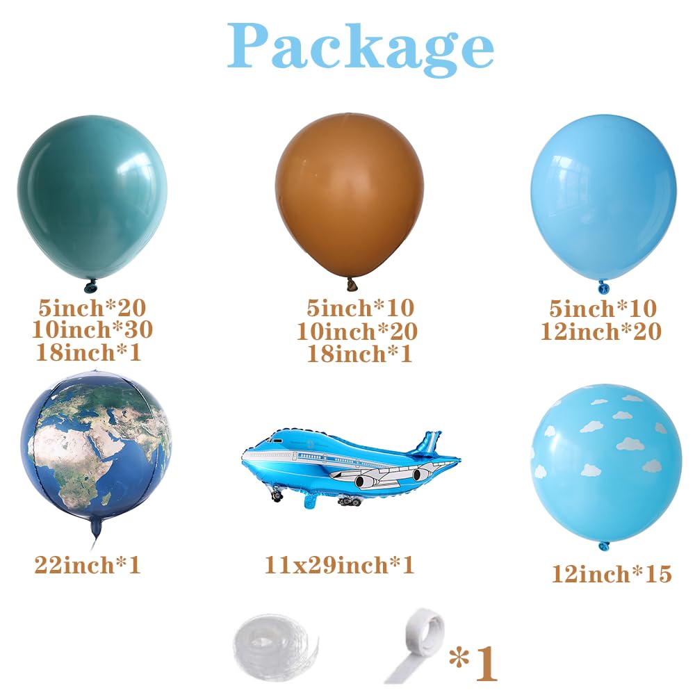 PageebO Travel Themed Party Balloon Arch Kit 131pcs Dusty Blue Coffee Balloon with Globe Plane Aluminium Balloon for Time Flies 1st Birthday Party Birthday Party Retirement Farewell Party decorations