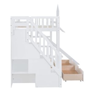 CITYLIGHT Castle Bunk Bed Twin Over Twin,Wooden Bunk Beds with Slide and Storage Stairs,Space Saving Twin Bunk Bed with 2 Drawers and 3 Shelves,Kids Bunk Bed for Girls Boys,White