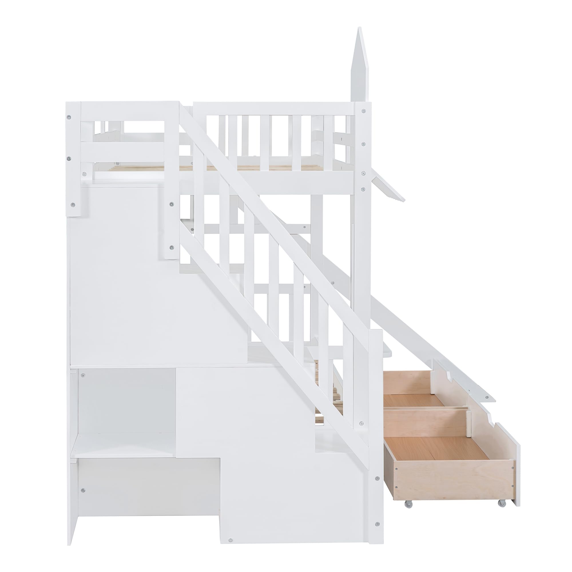 CITYLIGHT Castle Bunk Bed Twin Over Twin,Wooden Bunk Beds with Slide and Storage Stairs,Space Saving Twin Bunk Bed with 2 Drawers and 3 Shelves,Kids Bunk Bed for Girls Boys,White