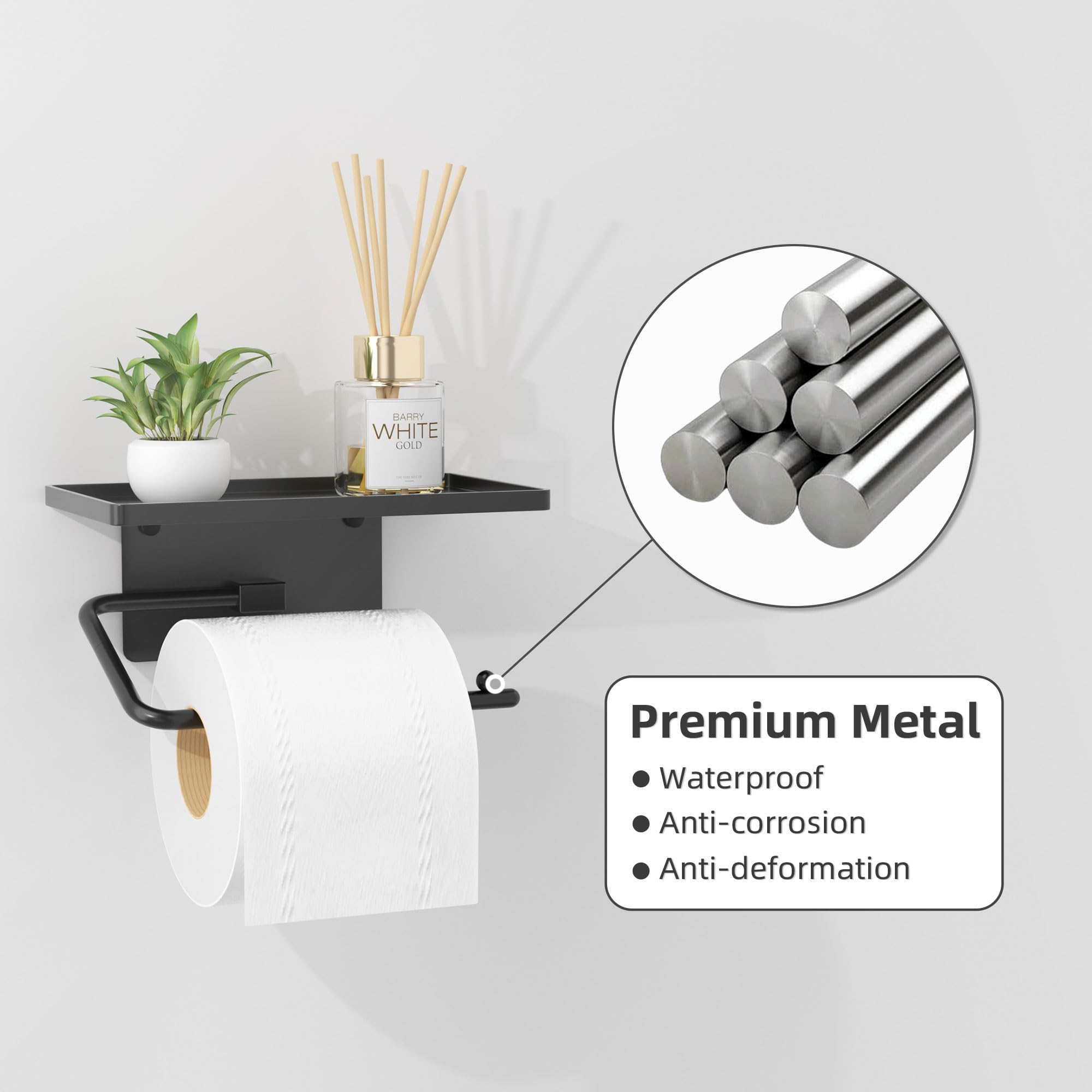 Niffgaff Adhesive Toilet Paper Holder: No Drill Installation - Wall Mount Toilet Tissue Holder with Shelf for Bathroom, Black.