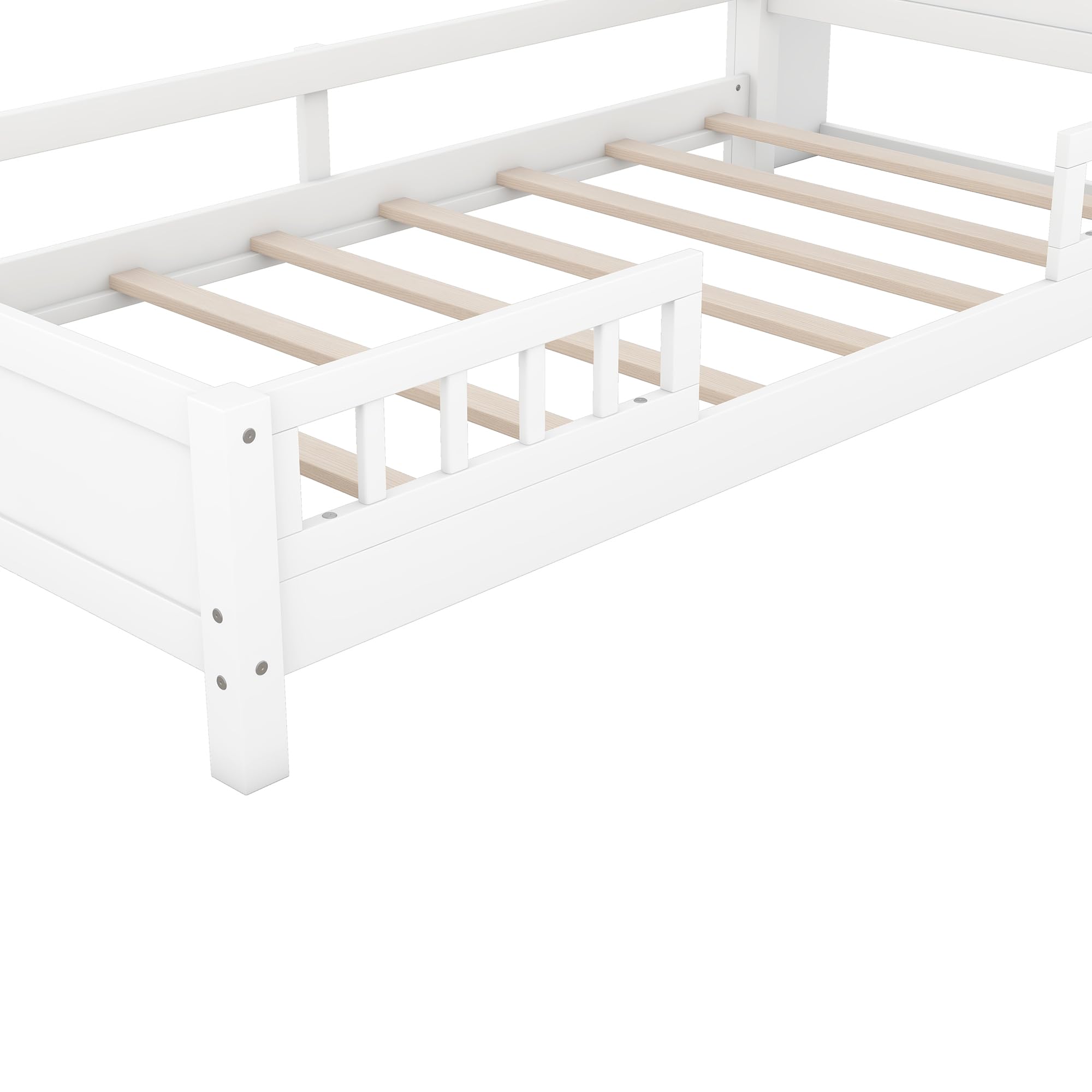 Harper & Bright Designs Kids Twin Bed with Storage Headboard and Guardrail, Wood Twin Platform Bed Frame with Built-in LED Light, for Girls Boys (Twin Size, White)