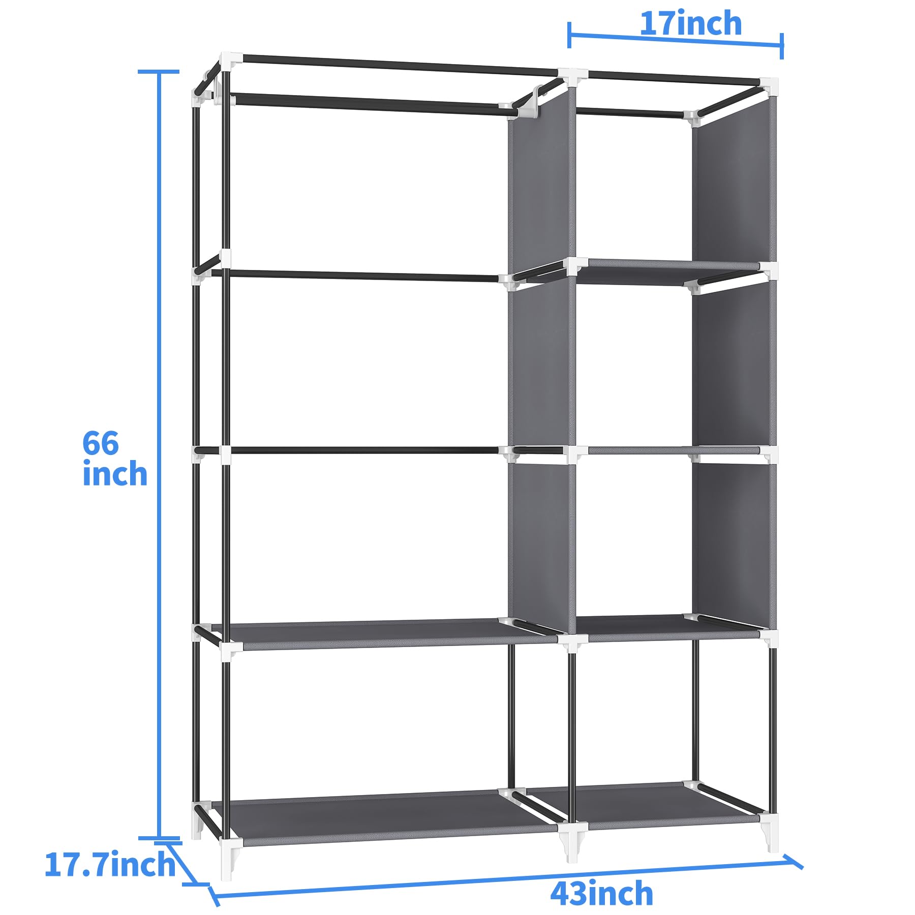 KEKIWE Portable Closet, Wardrobe Closet for Hanging Clothes with 1 Hanging Rods, 6 Storage Organizer Shelves, Easy to Assemble, Space Saving for Bedroom, 43 x 17.7 x 66 Inches, Grey