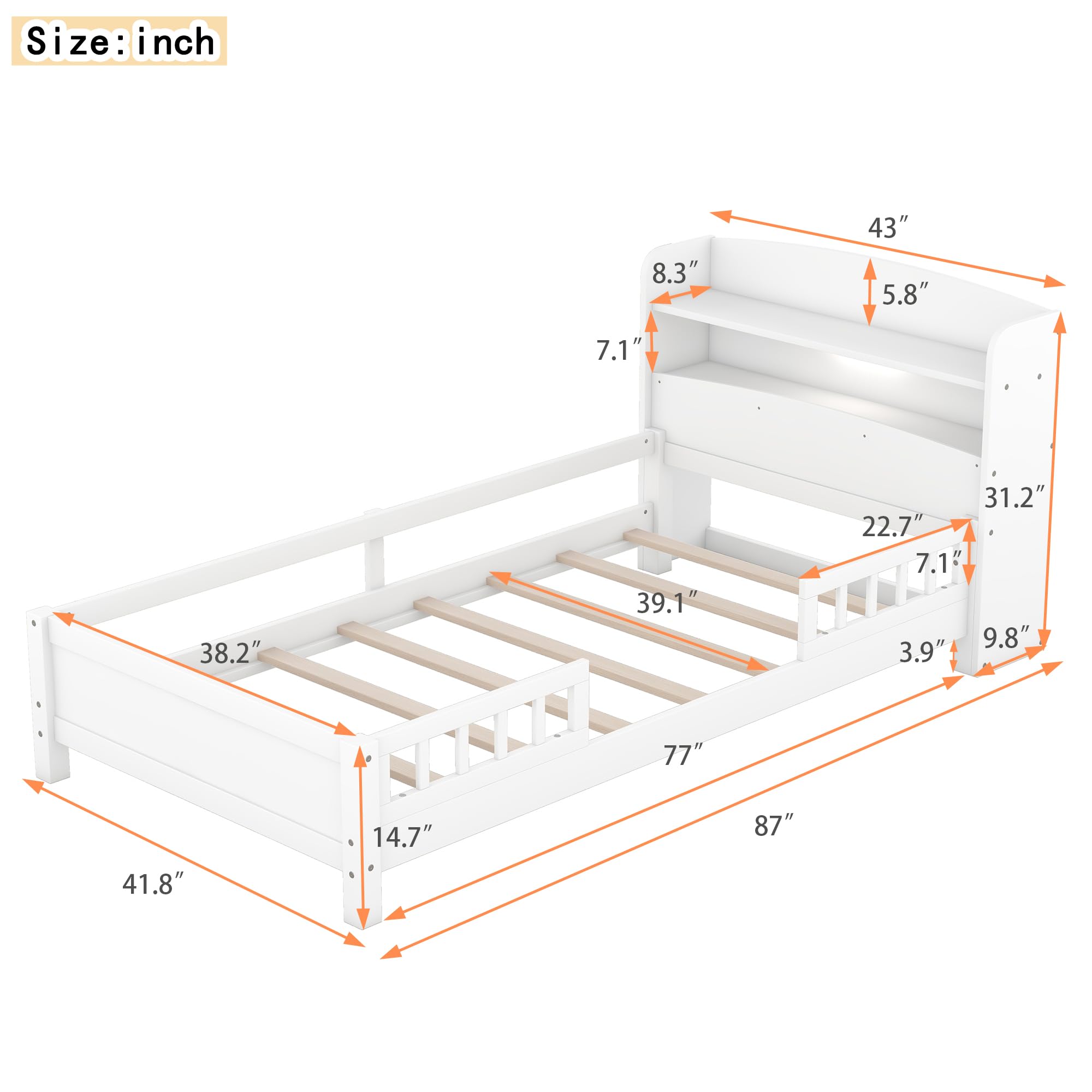 Harper & Bright Designs Kids Twin Bed with Storage Headboard and Guardrail, Wood Twin Platform Bed Frame with Built-in LED Light, for Girls Boys (Twin Size, White)