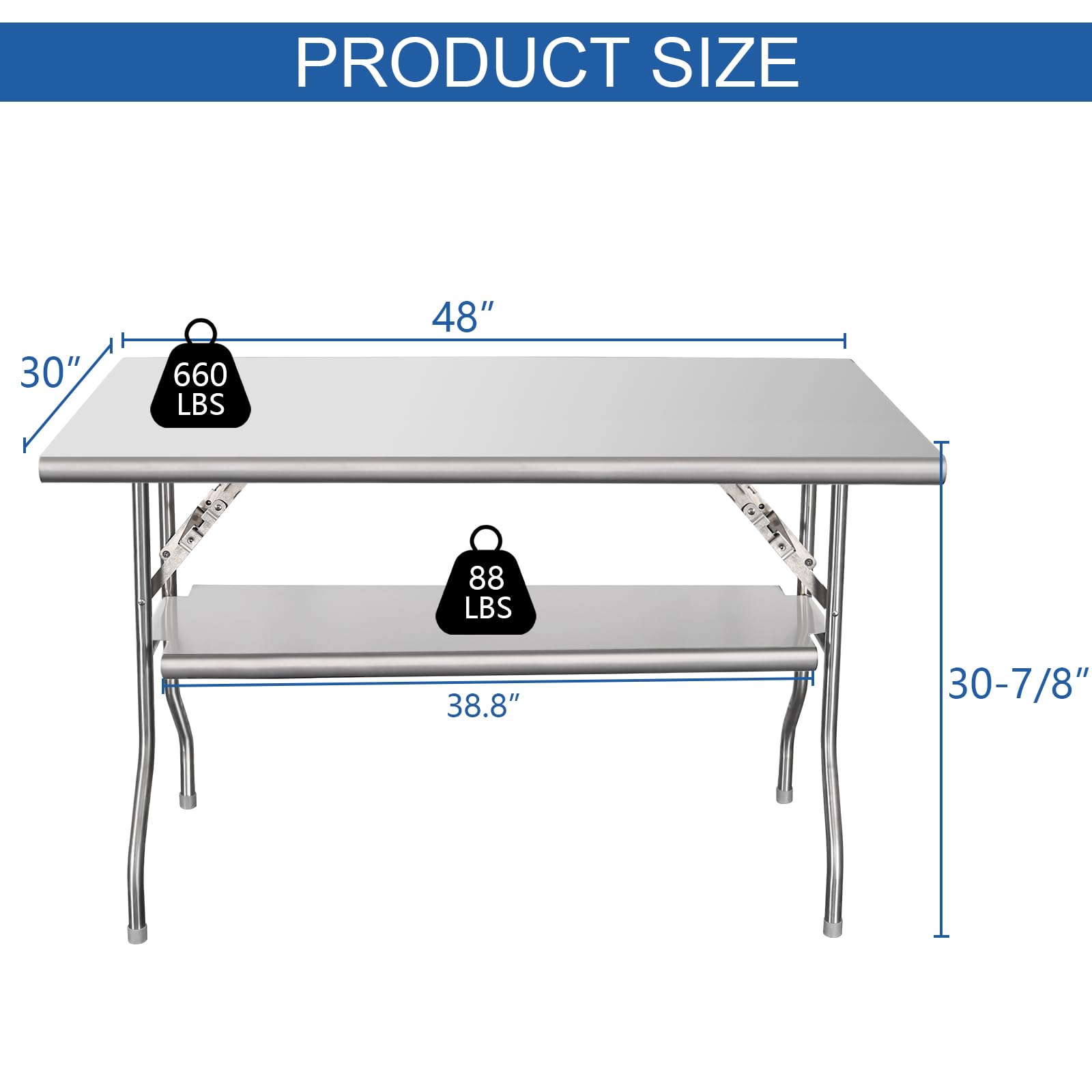 HARDURA Folding Stainless Steel Table 30X48 Inches with Adjustable Undershelf and Galvanized Legs NSF Commercial Portable Folding Prep Table for Restaurant Kitchen Home and Hotel