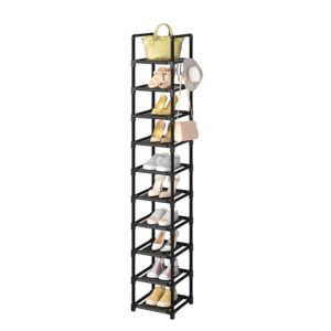 lukytower tall shoe rack narrow 10tier shoe racks organizer for closet 10-15pairs, storage rack for shoes with 5hooks, sturdy metal shoe shelf, vertical skinny shoe stand for small space