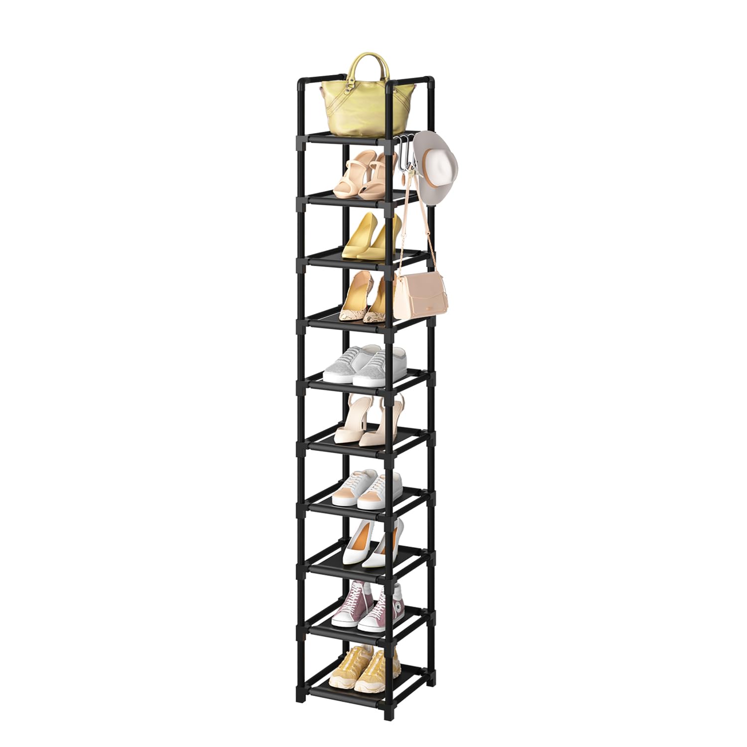 LUKYTOWER Tall Shoe Rack Narrow 10Tier Shoe Racks Organizer for Closet 10-15Pairs, Storage Rack for Shoes with 5Hooks, Sturdy Metal Shoe Shelf, Vertical Skinny Shoe Stand for Small Space