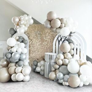 Grey White Balloon Garland - Double Stuffed Sand White Pearl Silver Balloons Neutral Gray Beige White Balloon Arch Kit for Bridal Wedding Baby Shower Birthday Christmas Party Decoration