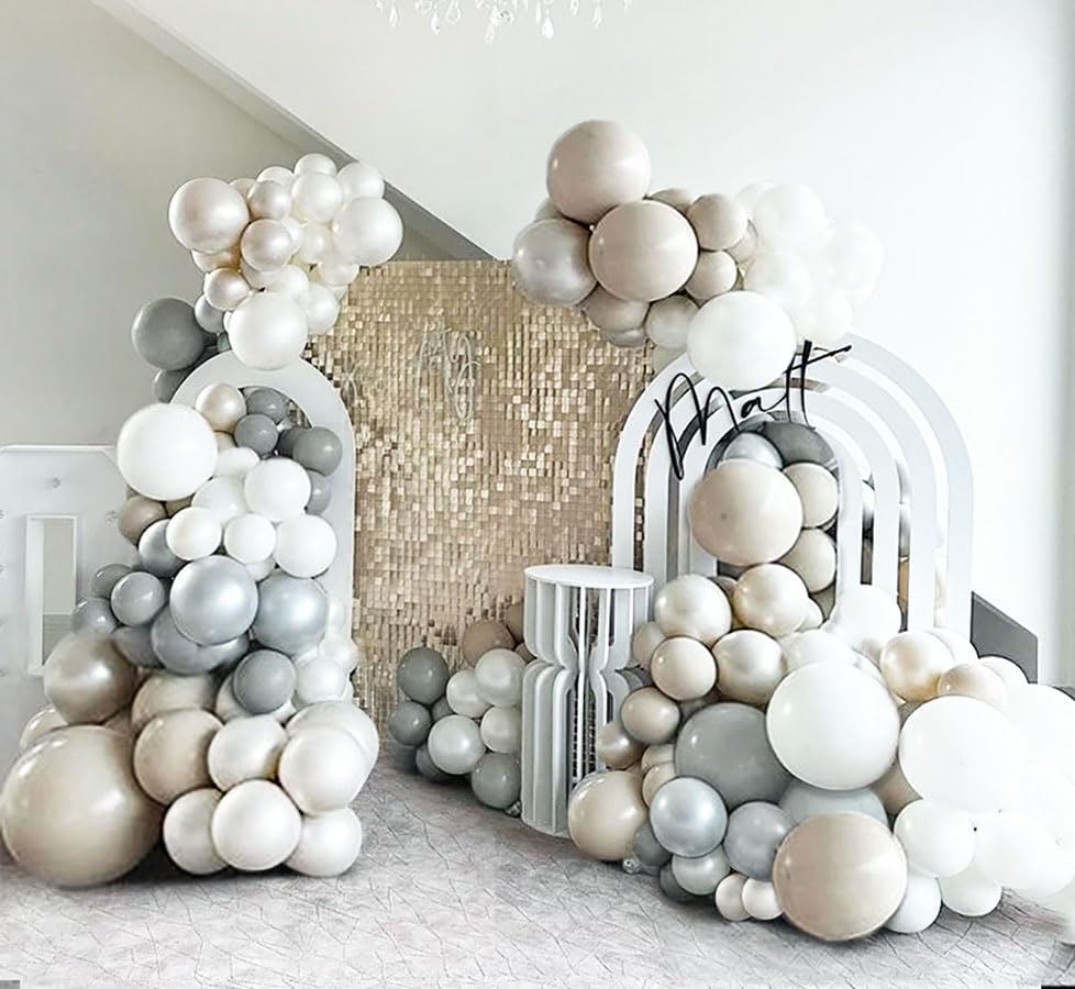 Grey White Balloon Garland - Double Stuffed Sand White Pearl Silver Balloons Neutral Gray Beige White Balloon Arch Kit for Bridal Wedding Baby Shower Birthday Christmas Party Decoration