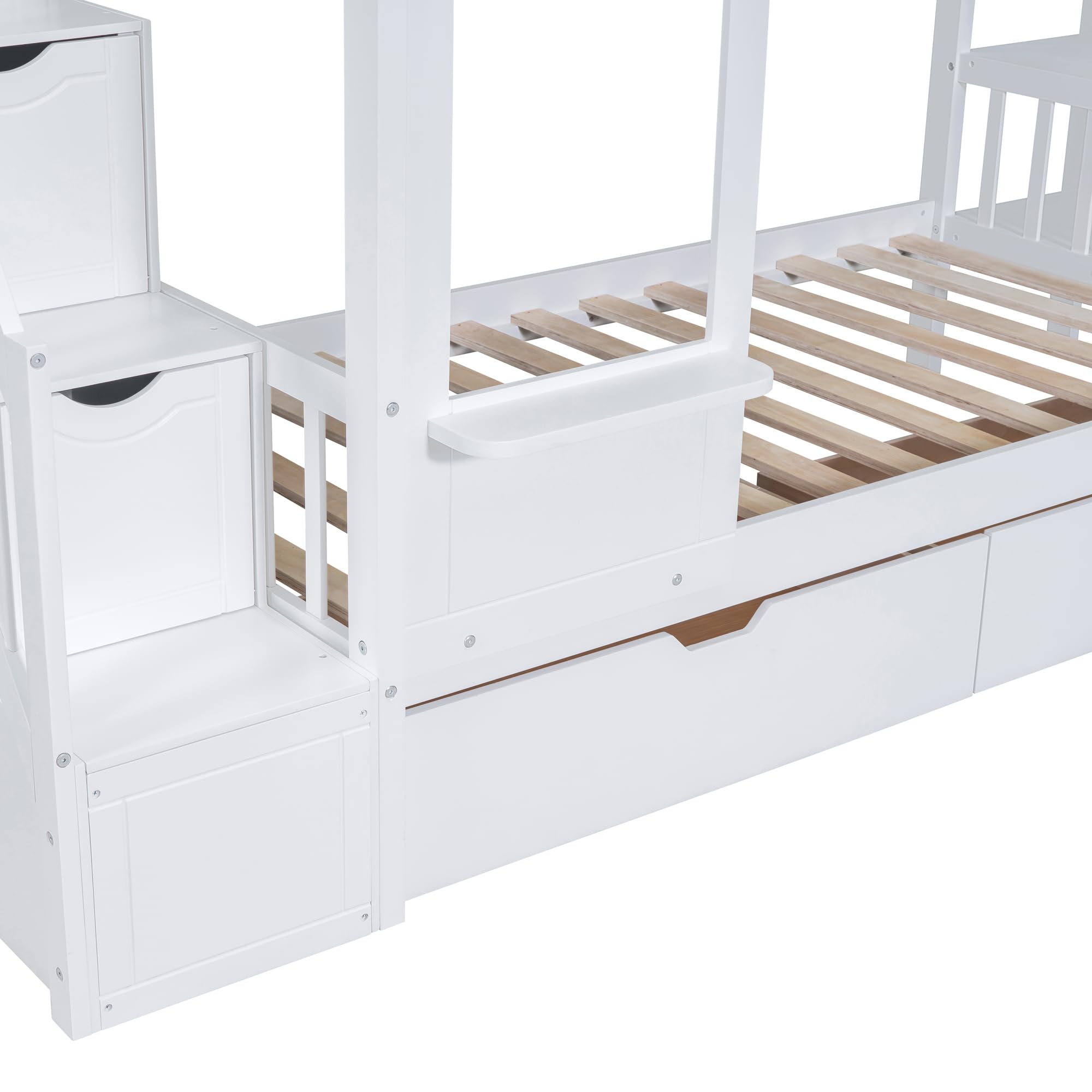 CITYLIGHT Castle Bunk Bed Twin Over Twin,Wooden Bunk Beds with Slide and Storage Stairs,Space Saving Twin Bunk Bed with 2 Drawers and 3 Shelves,Kids Bunk Bed for Girls Boys,White