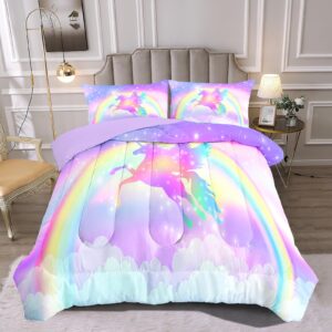 unicorn kids comforter bedding set 5 piece super soft breathable print kids bedding sets for girls, washable durable comforter set with comforter, shams, sheet, 2 pillowcases (purple unicorn)