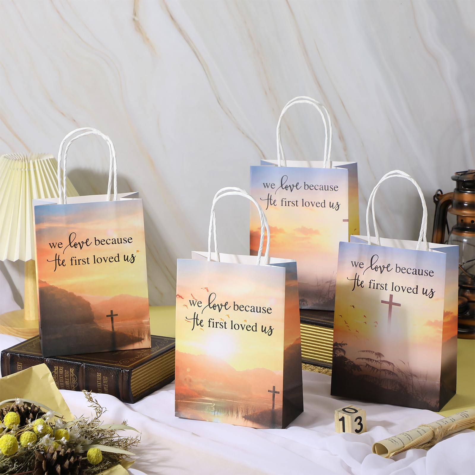 Zhanmai 50 Pcs Christian Gift Bags with Handles 5.91 x 3.15 x 8.27 Inches Church Welcome Bags We Love Because He First Loved Us Religious Paper Gift Bags for Thanksgiving Christmas Church Baptism