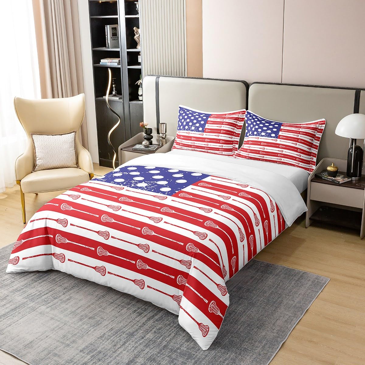 100% Nature Cotton Boys Sports Theme Duvet Cover,Hand Draw Lacrosse Sticks Ball Bedding Set for Beedroom Decor,Retro American Flag Blue Red White All Season Bedding with Zipper Closure Queen Size