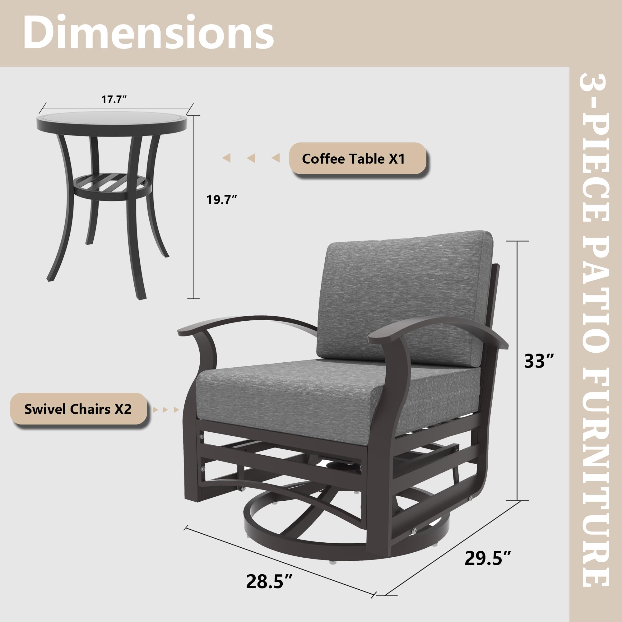 Delnavik 3PCS Aluminum Rocking Chair Swivel Chairs, Patio Furniture Rocking Bistro Sets Modern Outdoor Conversation Set with Coffee Table for Porch Deck Garden Backyard, Grey