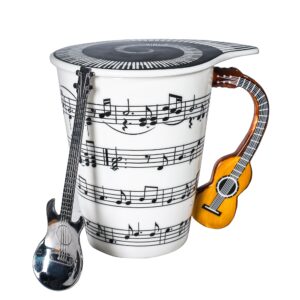 guitar novelty mug unique musical gift coffee cup with cool music themed lid & guitar handle design & guitar spoon, great gifts for music teacher, & guitar lovers for holidays, fathers day, men, women