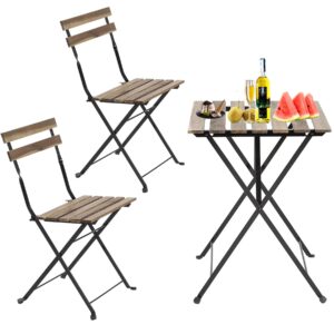 blkmty patio bistro set 3-piece outdoor patio furniture sets folding table and chairs wood bistro set balcony cafe table square patio table chair for porch, garden, backyard, chestnut brown