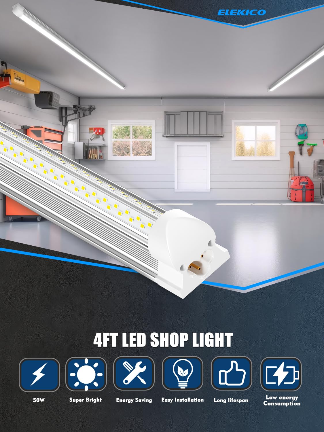 ELEKICO 6 Pack 50w 4ft Led Shop Light, Super Bright 7500lm 5000k V Shape 4' Led Shop Lights, Linkable 4 Foot Led Shop Lights for Garage Warehouse, Supermarket, Basement, Barn, Storage Area