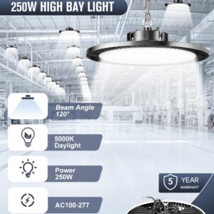 ELEKICO UFO Led High Bay Light, 250W 4 Pack 35000lm 5000k Daylight 100-277v Led Shop Light with 5' Cable 3-Pin Plug Hook Safe Rope, Led Garage Light for Warehouse Workshop Barn Garage