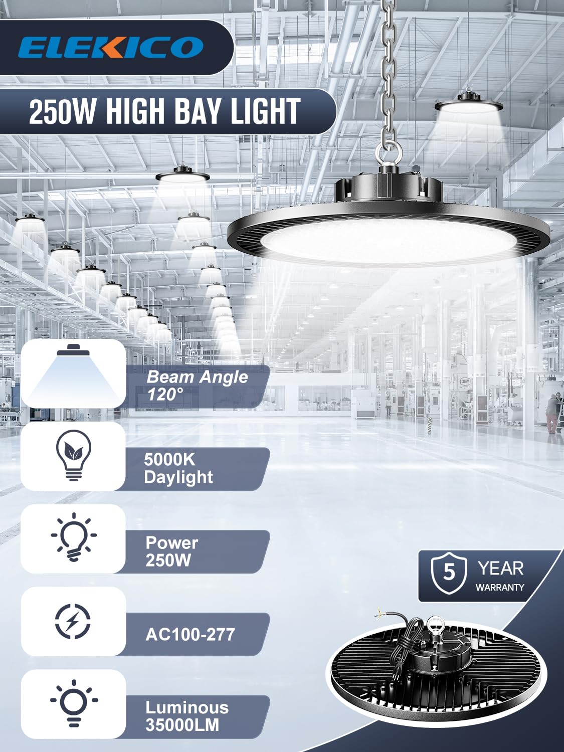 ELEKICO UFO Led High Bay Light, 250W 4 Pack 35000lm 5000k Daylight 100-277v Led Shop Light with 5' Cable 3-Pin Plug Hook Safe Rope, Led Garage Light for Warehouse Workshop Barn Garage