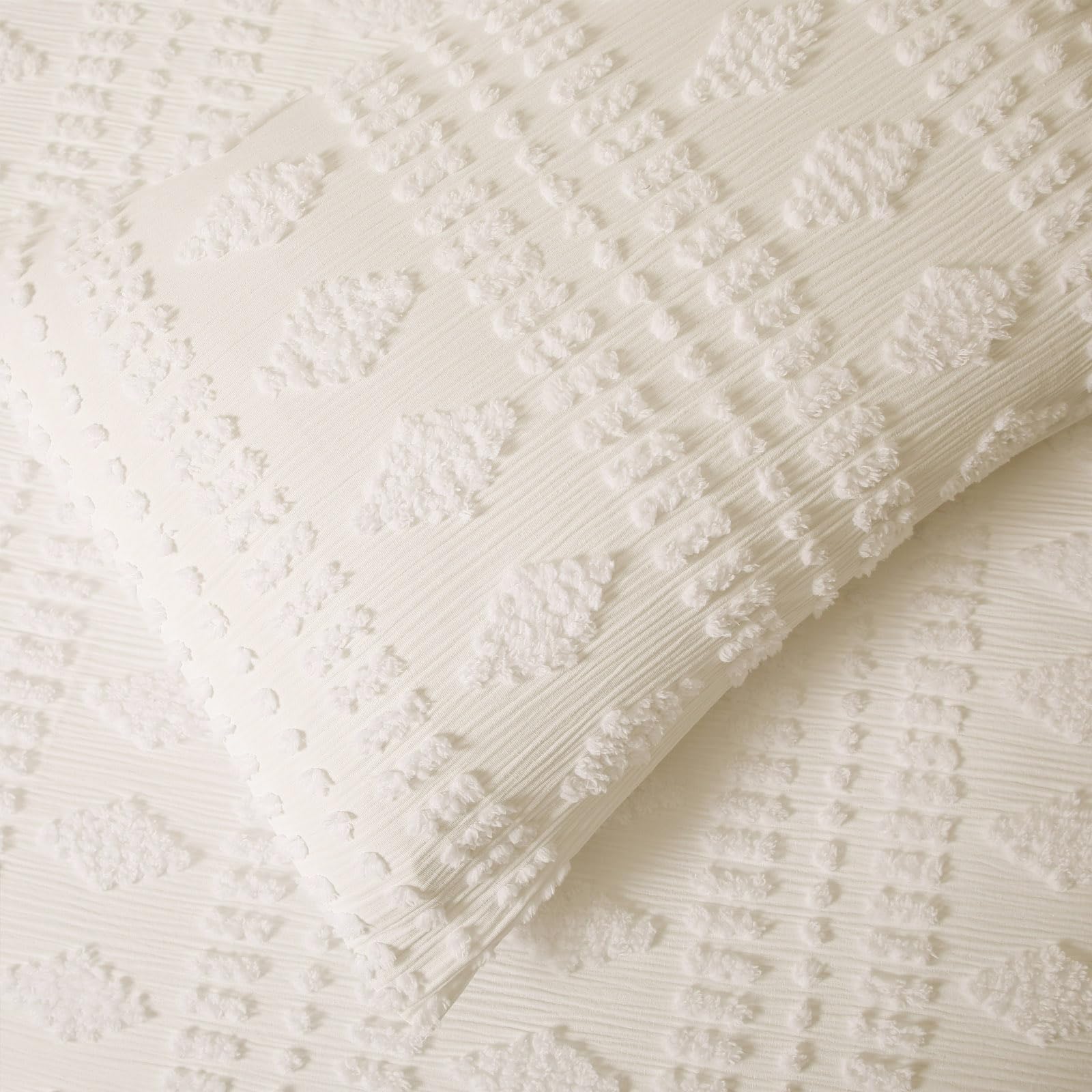 YINFUNG Boho Duvet Cover Cream Textured Tufted Shabby Chic King Ivory Duvet Cover Set Striped Poms Off White Bedding Set All Season Diamonds Geometric Embroidered Quilt Cover