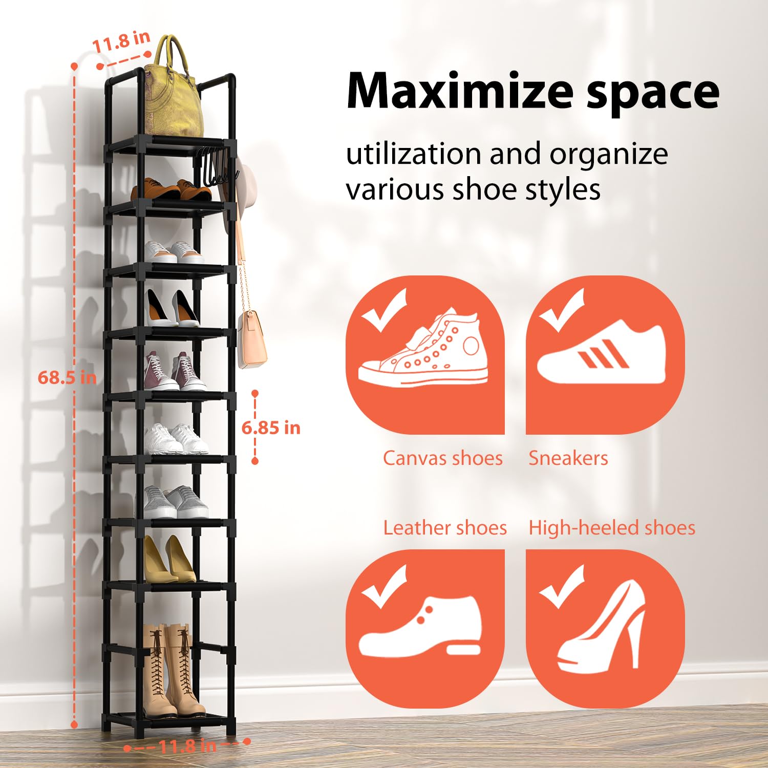 LUKYTOWER Tall Shoe Rack Narrow 10Tier Shoe Racks Organizer for Closet 10-15Pairs, Storage Rack for Shoes with 5Hooks, Sturdy Metal Shoe Shelf, Vertical Skinny Shoe Stand for Small Space