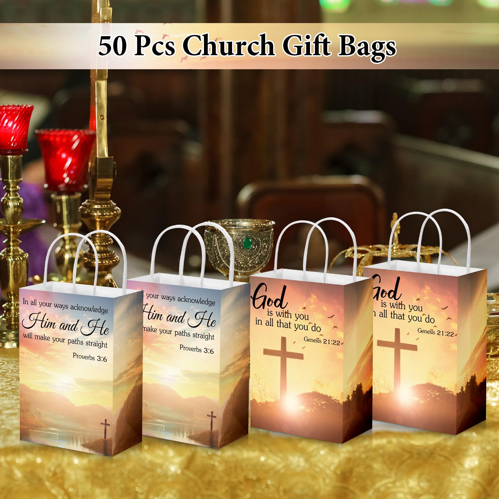 Zhanmai 50 Pcs Christian Gift Bags Church Visitor Welcome Packets Bulk Religious Baptism Bags with Bible Verse Bags with Handles for Christmas Favor, 5.91 x 3.15 x 8.27 Inch