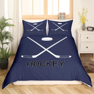 Ice Hockey Duvet Cover Queen, Ball Sports Gaming Bedding Set Ice Hockey Gifts For Boys, Equipments Stick And Puck Comforter Cover Winter Sports Games Quilt Cover With 2 Pillow Cases, Dark Blue