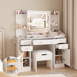 Vabches Vanity Desk with Lights, Makeup Vanity Table with Charging Station, 44.9in Big Vanity Set with 5 Drawers & Lots Storage Space, White