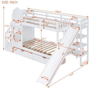 CITYLIGHT Castle Bunk Bed Twin Over Twin,Wooden Bunk Beds with Slide and Storage Stairs,Space Saving Twin Bunk Bed with 2 Drawers and 3 Shelves,Kids Bunk Bed for Girls Boys,White