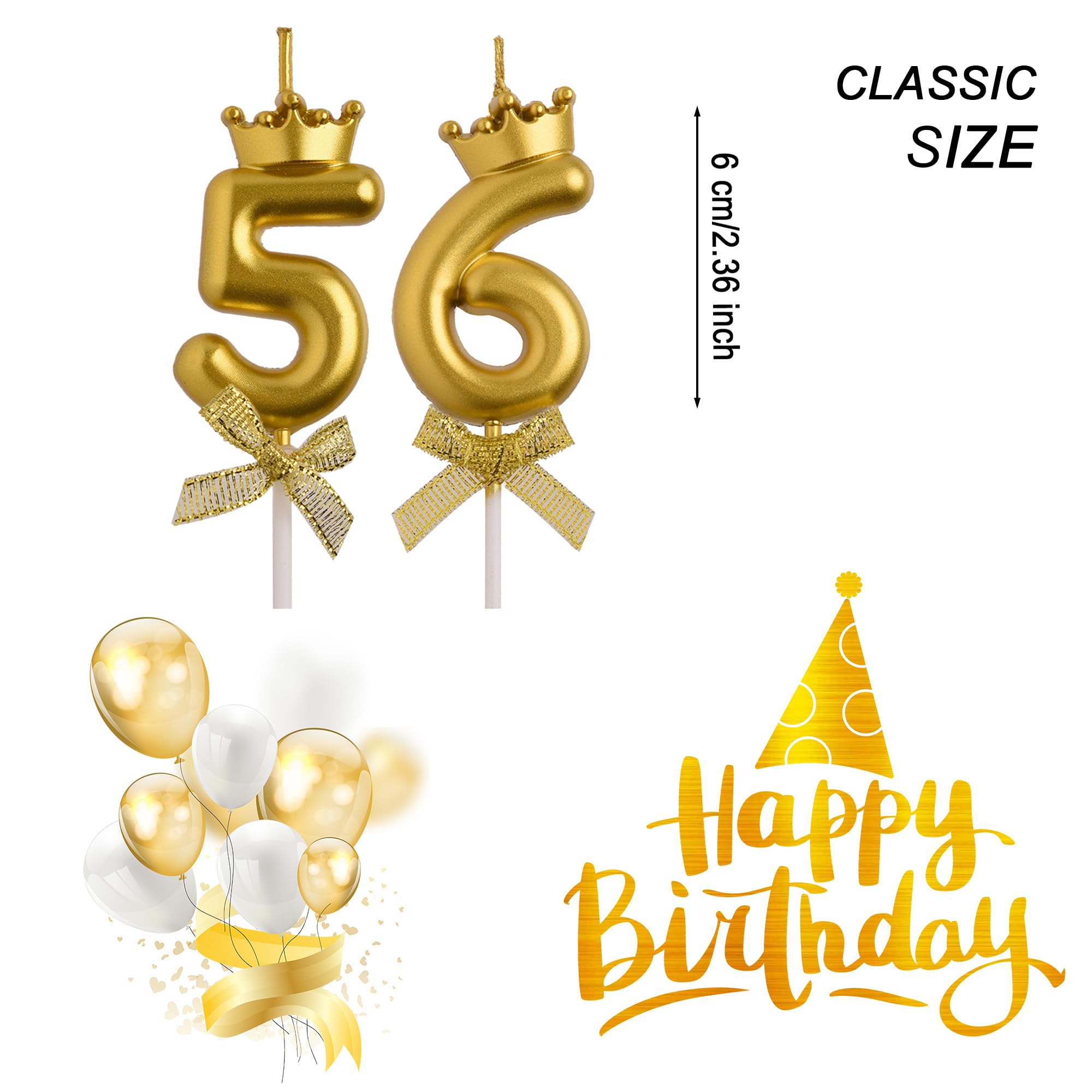 AOOLADA 56th 65th Birthday Candles, Gold 65 56 Year Old Cake Topper Number Birthday Candles, Birthday Party Decorations Gifts for Women Men