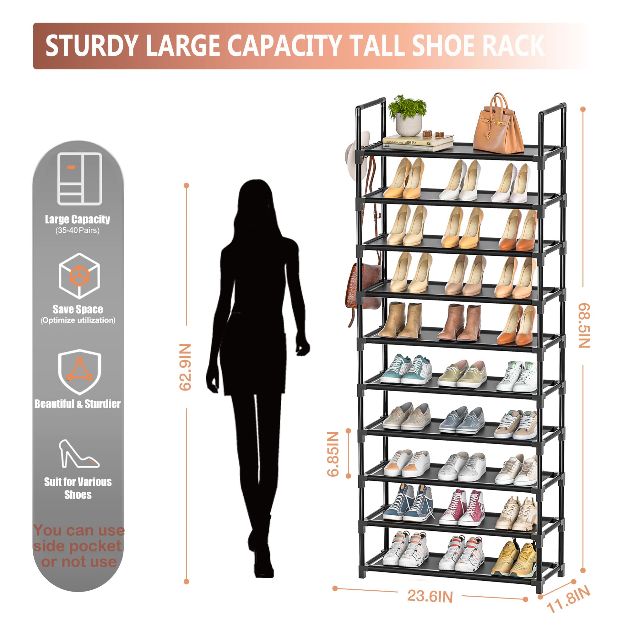 LUKYTOWER Tall Shoe Rack 10 Tier Shoe Organizer Racks for Closet Shoes Rack, Storage Metal Shoe Shelf with 5Hooks and Pocket,Sturdy Shoe Stand Tower Rack for Shoes