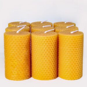 beeswax pillar candles bulk set of 9 handmade from 100% pure natural rolled bees wax - measures 2" x 3.4", great for home decor, party & events, 10-12 hour burn time