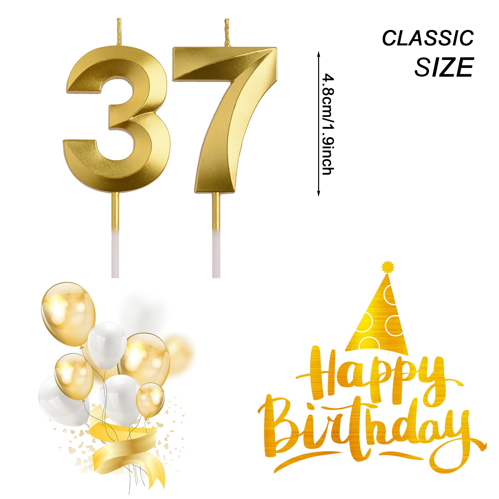 AOOLADA 37th 73rd Birthday Candles, Gold 73 37 Year Old Number Birthday Candles, Birthday Party Decorations Cake Topper Gifts for Men Women