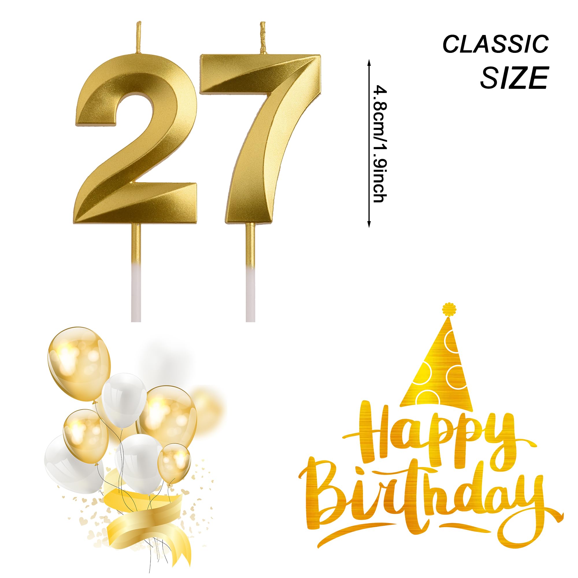 AOOLADA 27th 72nd Birthday Candles, Gold 72 27 Year Old Number Birthday Candles, Happy Birthday Party Decorations Cake Topper Gifts for Men Women