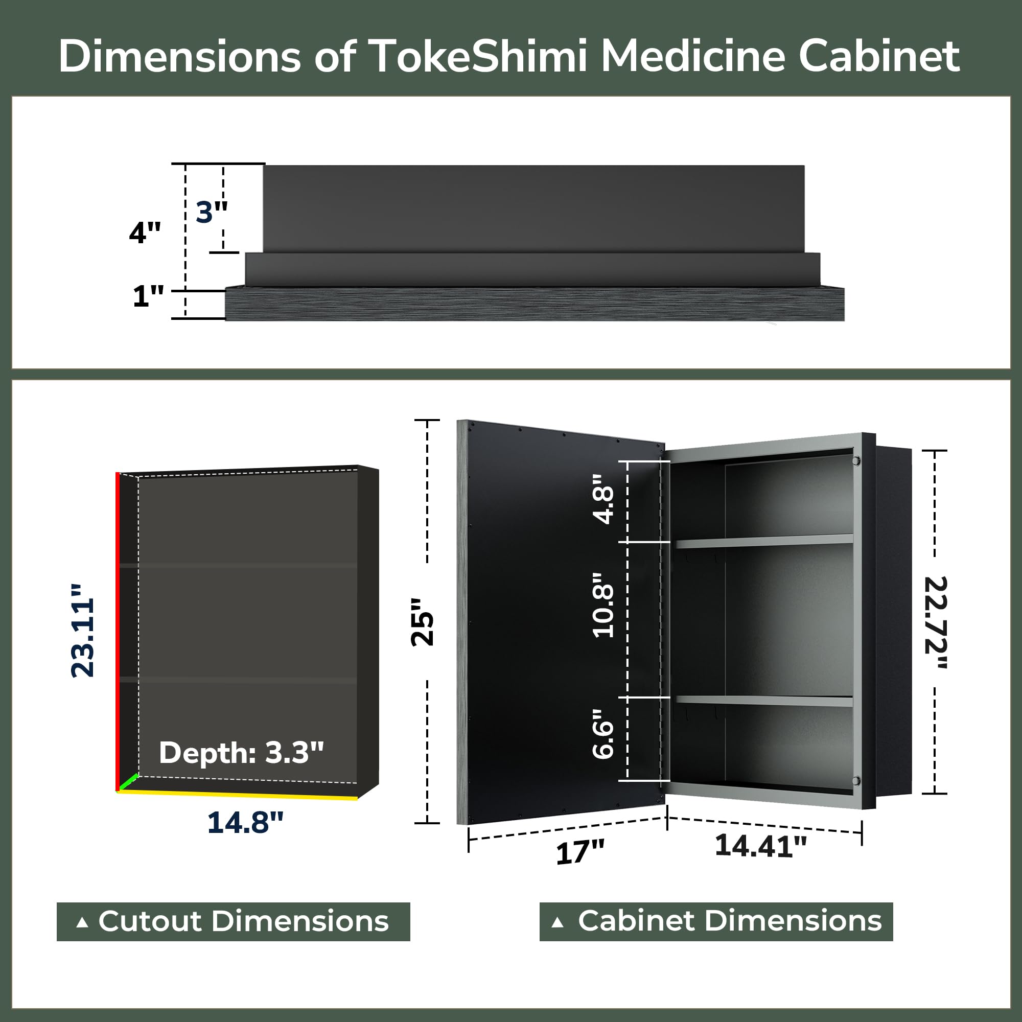 TokeShimi 16x24 Recessed Medicine Cabinet with Mirror Wall Mounted, Metal Beveled Mirror with Storage for Bathroom Vanity, Aluminum Alloy Medicine Cabinet Mirror Black 1 Door