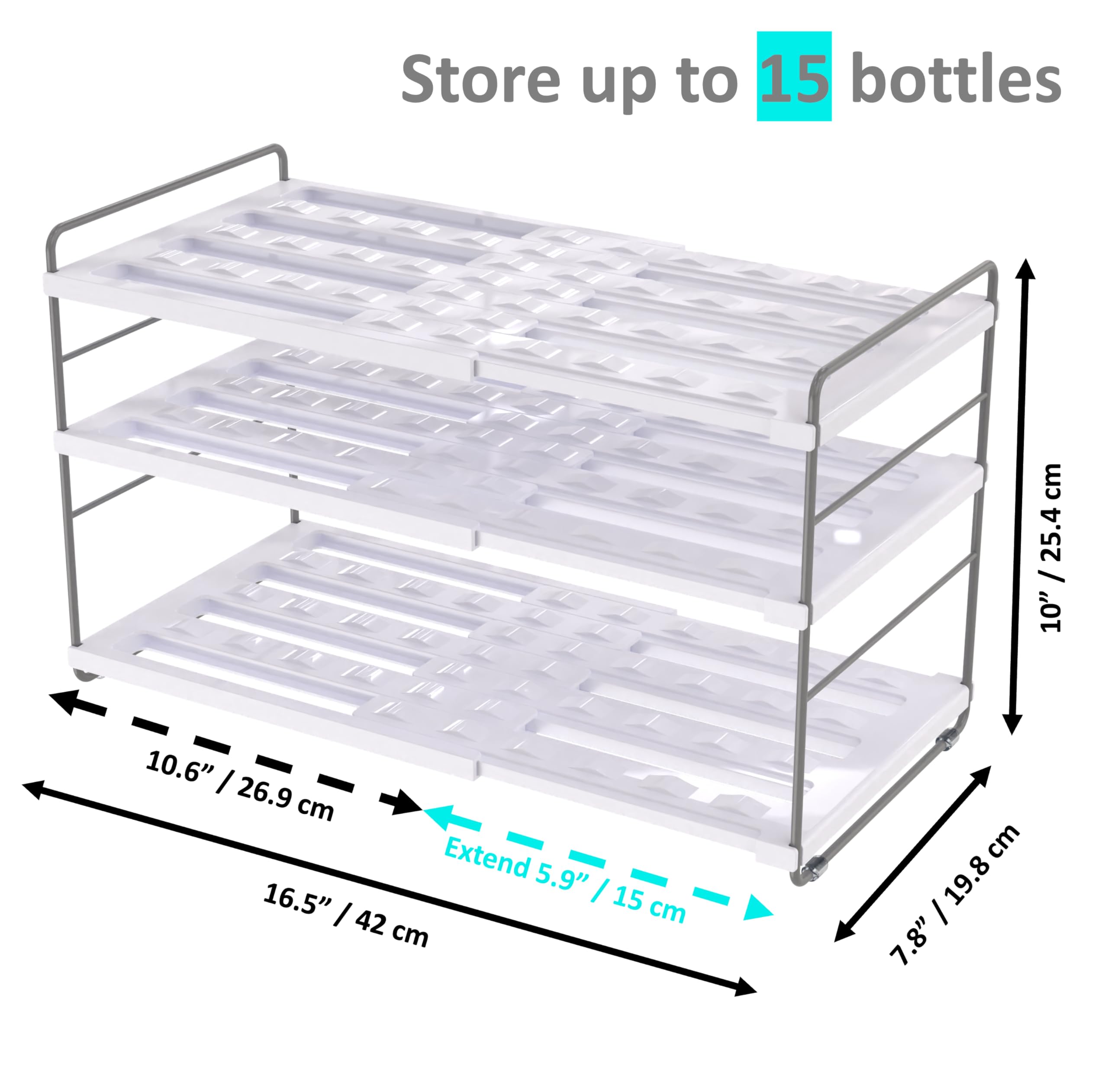 YAN & HIN 15 Bottles Cabinet Organizer Extendable Kitchen Cabinet Organizer with Adjustable Height, 3-Tier Water Bottle Holder, Pantry Pantry Organizers Cup Rack for Cabinet