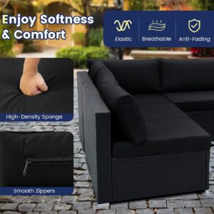 Tangkula 10 Piece Patio Sofa Set, Patiojoy Outdoor Wicker Conversation Set with Seat & Back Cushions, Tempered Glass Tabletop, Sofa Fastener Clips Included, Rattan Furniture Set for Backyard, Poolside