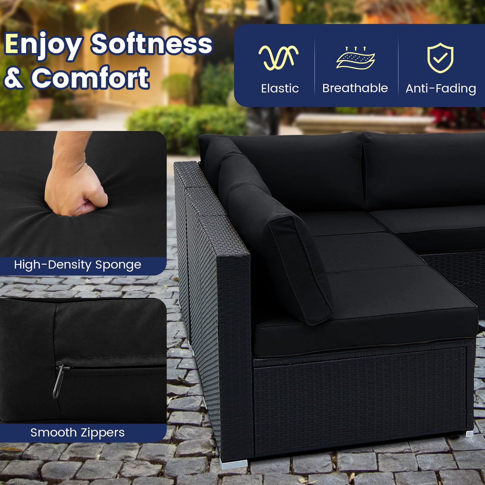 Tangkula 10 Piece Patio Sofa Set, Patiojoy Outdoor Wicker Conversation Set with Seat & Back Cushions, Tempered Glass Tabletop, Sofa Fastener Clips Included, Rattan Furniture Set for Backyard, Poolside