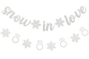 vilifever 2 pieces snow in love banner winter bridal shower decorations, glitter silver snowflake ring garland for winter snow theme wedding engagement party decorations