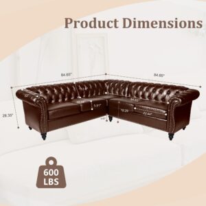 L Shaped Small Sectional Sofa, Chesterfield Leather Couch Tufted Accent Sofa with Scroll Arms and Nailhead for Living Room, Office (Dark Brown)