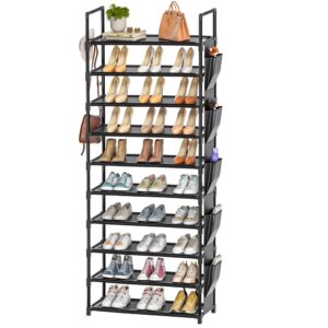 lukytower tall shoe rack 10 tier shoe organizer racks for closet shoes rack, storage metal shoe shelf with 5hooks and pocket,sturdy shoe stand tower rack for shoes