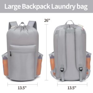 Polecasa Durable Backpack Laundry Bag with Padded Shoulder Straps, 130gsm Tear Resistant Fabric and Multi Pockets, Large Waterproof Dirty Clothes Drawstring Bag for Dorm, College, Silver