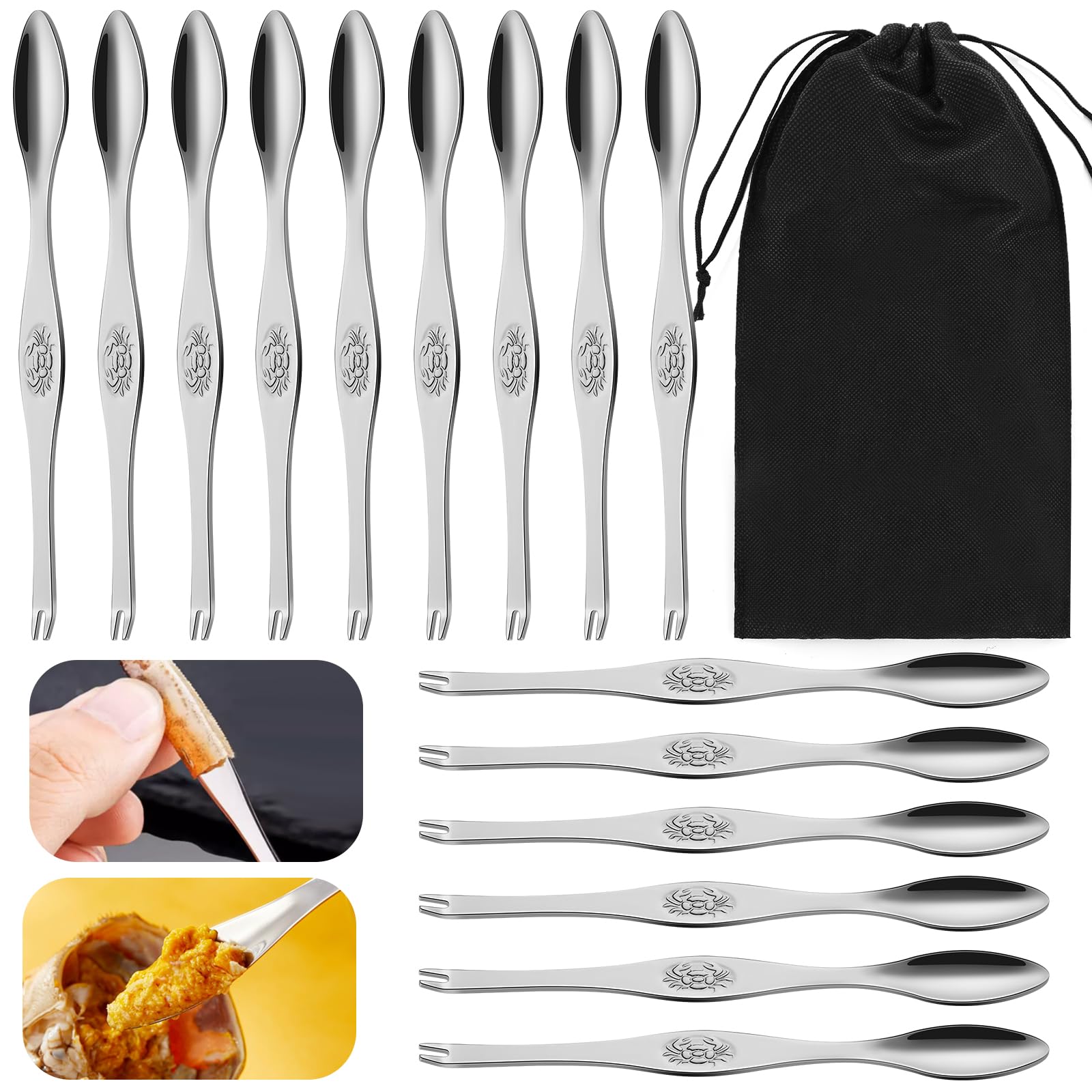 15Pcs Stainless Steel Seafood Forks, Crab Forks with Double Headed 304 Spoons, Seafood Tools for Eating Lobster Crab Leg Shrimp