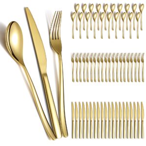 berglander gold wedding silverware set 60pcs service for 20, titanium plating stainless steel flatware set, gold spoons forks knives set for home, wedding, restaurant, dishwasher safe